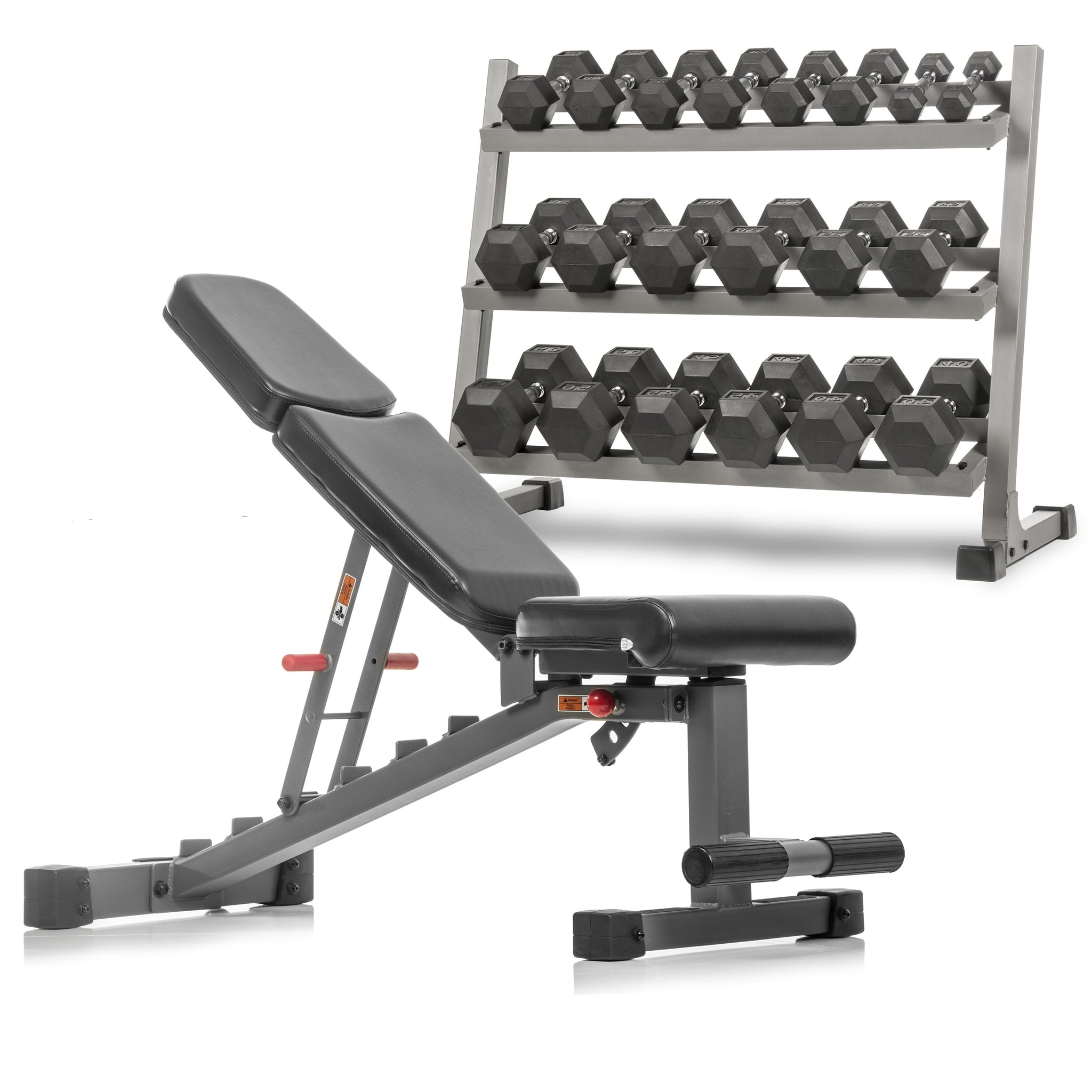 5-50 lb Hex Dumbbell Set with Rack and Weight Bench – Midway Sports